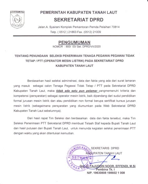 Pengumuman Penundaan Seleksi Penerimaan Tenaga Pegawai Tidak Tetap Ptt