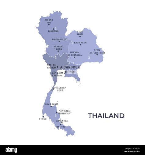 Map Of Thailand With Regions Borders And Famous Cities Stock Vector