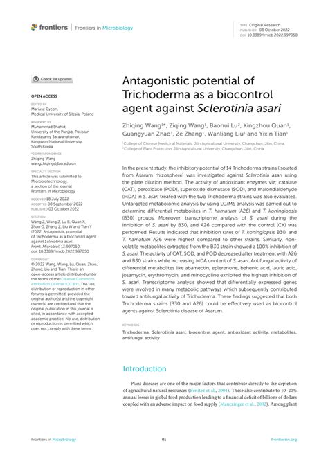 Pdf Antagonistic Potential Of Trichoderma As A Biocontrol Agent Against Sclerotinia Asari