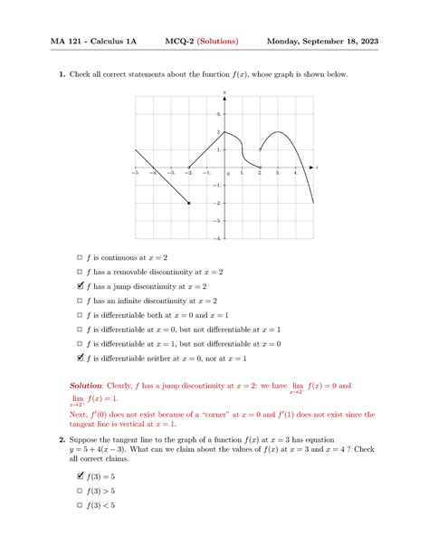 MCQ 2 Sol 2nd Multiple Choice Quiz Answers MA 121 Calculus 1A MCQ