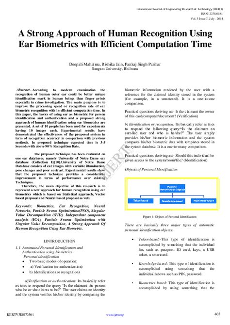 Pdf Ijert A Strong Approach Of Human Recognition Using Ear Biometrics With Efficient