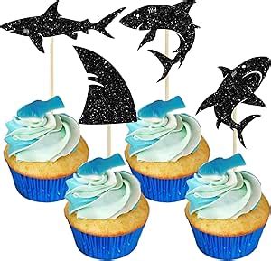 Amazon.com: Ephlyn 24Pcs Shark Cupcake Toppers Blue Glitter Shark Fin ...