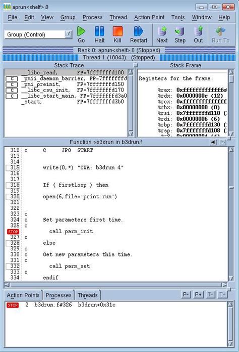 the totalview gui source code is clickable making setting breakpoints
