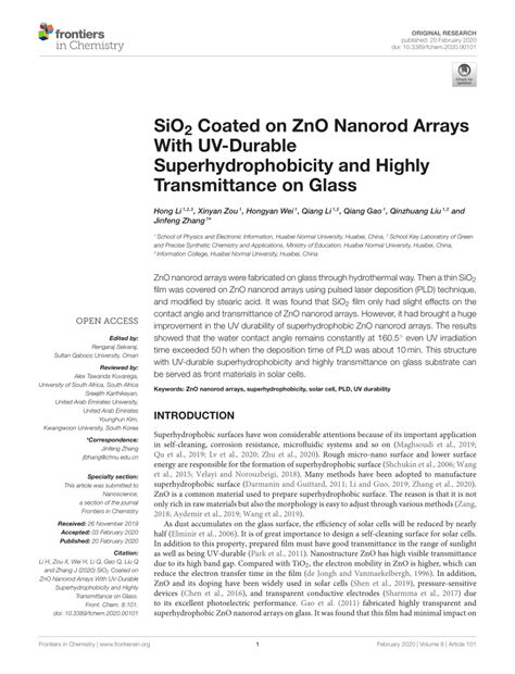 Pdf Sio2 Coated On Zno Nanorod Arrays With Uv Durable Superhydrophobicity And Highly