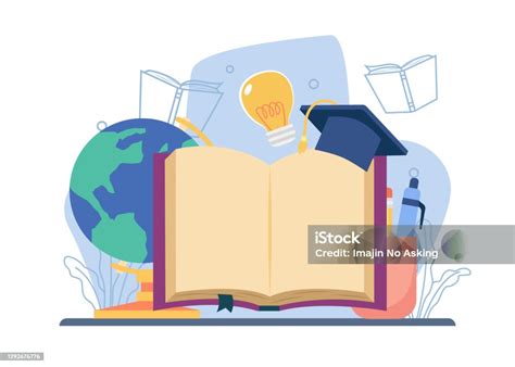 문학 개념을 공부하십시오 오픈 북은 창조적 인 아이디어를 얻을 도서관 독서 책 책 축제 방문 페이지 모바일 앱 스티커 및 배너에 적합합니다 개념에 대한 스톡 벡터 아트 및