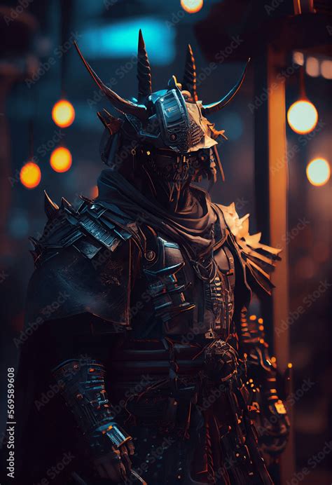 Futuristic Sci Fi Cyberpunk Samurai In Cyberpunk City With Neon Lights