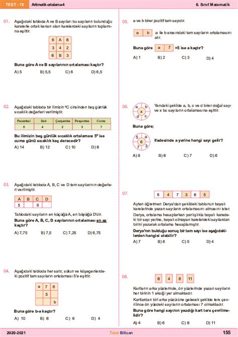 6 Sınıf Matematik B4 Test 78 Aritmetik Ortalama 4 Yaprak Test Derslig