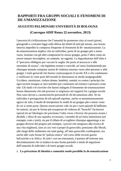 Rapporti Fra Gruppi Sociali E Fenomeni Di De Umanizzazione Riassunto