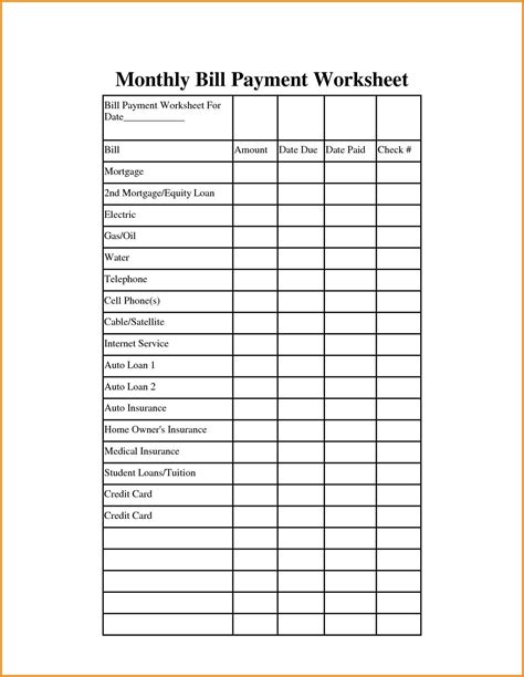 Printable Monthly Bill Template