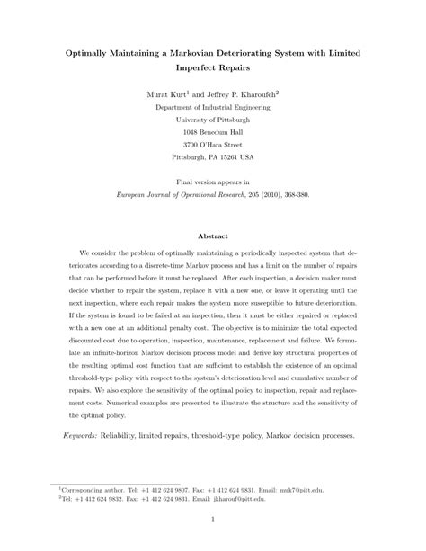 pdf optimally maintaining a markovian deteriorating system with