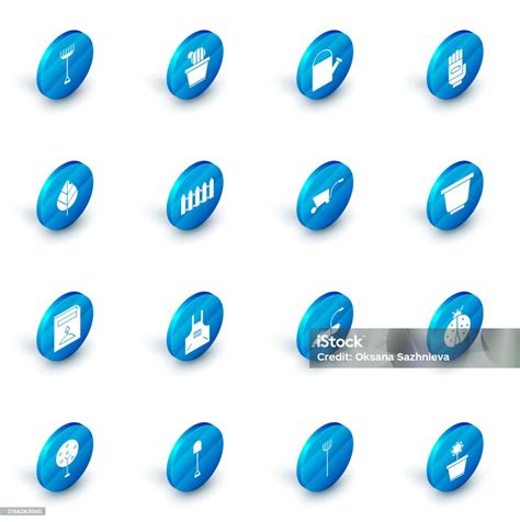 냄비에 선인장과 즙이 많은 식물 물뿌리개 정원 장갑 잎 특정 식물의 씨앗으로 가득 찬 팩 나무 울타리 꽃과 수레 아이콘 벡터 3차원 형태에 대한 스톡 벡터 아트 및 기타