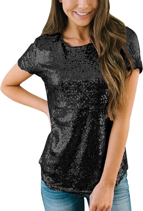 Spadehill Womens Full Sequin Sparkle Tops Glitter Short Sleeve Party