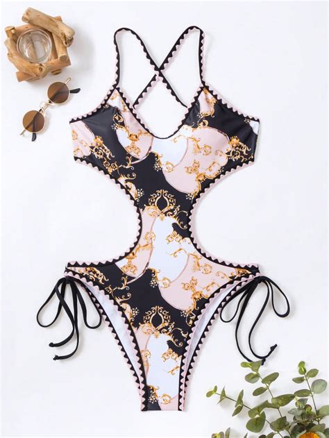 Baroque Print Cut Out Criss Cross Backless Knot Side One Piece Swimsuit