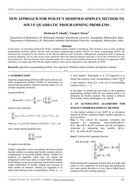 Optimum Solution Of Quadratic Programming Problem By Wolfes Modified
