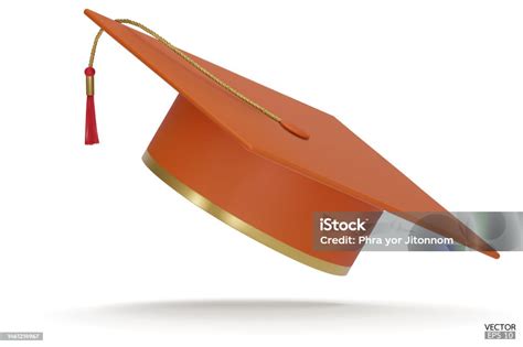 3d 현실적인 졸업 대학 또는 대학 주황색 모자는 흰색 배경에 격리되어 있습니다 대학원 고등학교 학업 또는 대학 모자 학위