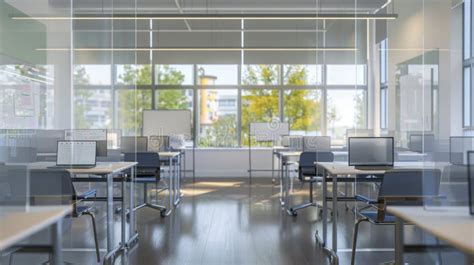 Empty Classroom With Partitions And Laptops Stock Image Image Of