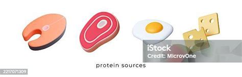 단백질 소스 3d 아이콘 고기 생선 스테이크 계란 치즈 고립된 사실적인 음식 바베큐 아침 저녁 또는 점심 다이어트 영양 벡터 세트 3차원 형태에 대한 스톡 벡터 아트 및