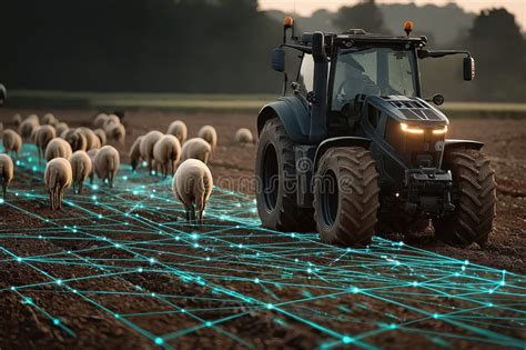 Advanced Tractor With Sensors Moving Across A Field With Sheep At