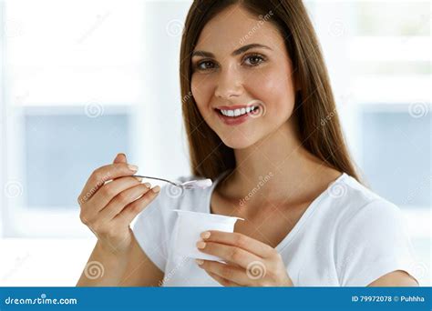 Beautiful Woman Eating Organic Yogurt Healthy Diet Nutrition Stock