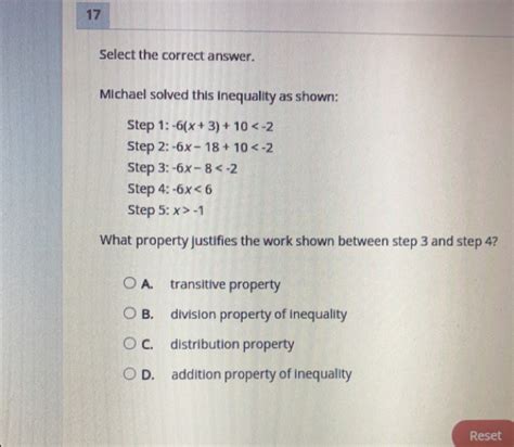 Solved Select The Correct Answer Michael Solved This Inequality As Shown Step X