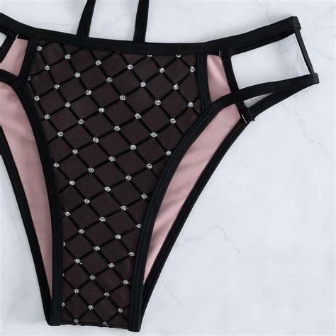 Glitter Crystal Cut Out String Triangle Brazilian Two Piece Bikini Swi