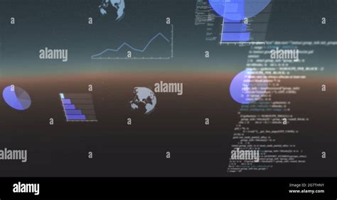 Image Of Data Processing Globes Spinning And Statistics Recording On Gradient Background Stock