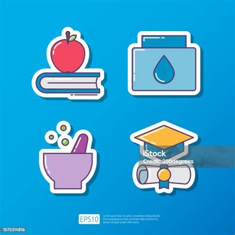 책에 사과 잉크 병 자연 요법 의학 졸업 모자 및 인증서 지식과 교육 플랫 스티커 아이콘입니다 과학 및 학교 벡터 일러스트레이션 건강관리와 의술에 대한 스톡 벡터 아트 및