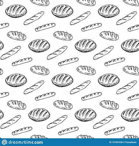 Seamless Pattern Vintage Hand Drawn Sketch Style Bakery Set Bread And Pastry Sweets On White