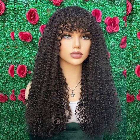 Curly Human Hair Scalp Top Wigs With Bangs Full Machine Made Malaysian