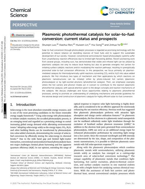 Pdf Plasmonic Photothermal Catalysis For Solar To Fuel Conversion Current Status And Prospects