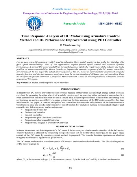 Dc Motor Time Response Analysis With Pid Controller