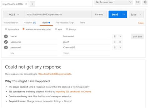node js `postman` how to fix this could not get any response
