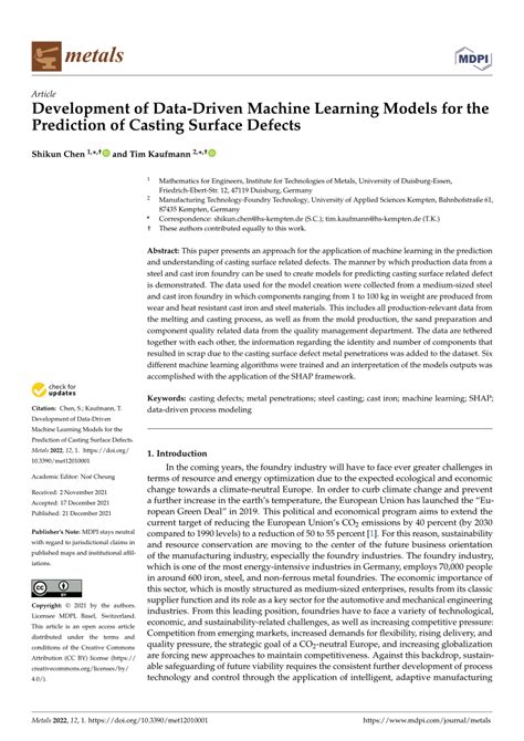 PDF Development Of Data Driven Machine Learning Models For The Prediction Of Casting Surface