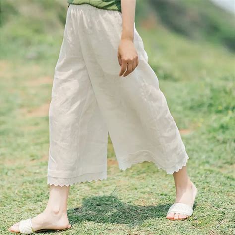 여성용 코튼 린넨 와이드 레그 팬츠 신축성 허리 종아리 길이 바지 레이스 그린 베이지 루즈 캐주얼 대마 스트레이트 팬츠