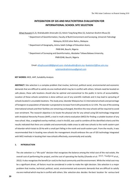 PDF INTEGRATION OF GIS AND MULTICRITERIA EVALUATION FOR INTERNATIONAL Babe SITE SELECTION