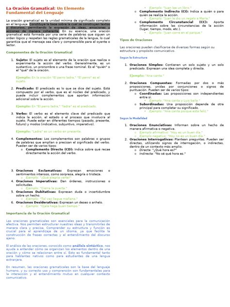 La Oración Gramatical Pdf Oración Lingüística Predicado Gramática