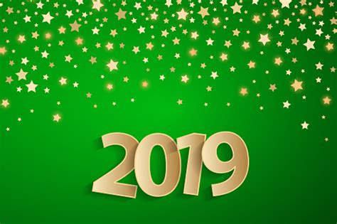 황금 종이 Cuted 숫자와 골드 Starfall와 그린 행복 한 새 해 2019 인사말 카드 개념 벡터 일러스트 레이 션 0