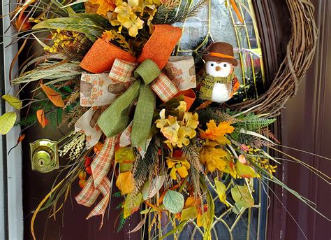 Fall Harvest Wreath Owl Fall Wreath With Wheat Grass Sunflower And Bow