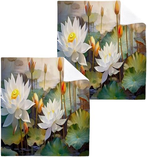 Coolnut Lotus Flower Washcloths Set Of 2 12 X 12 Inch Pure Cotton Wash
