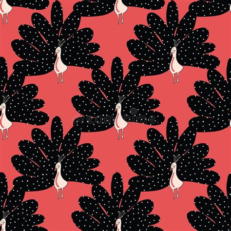 Seamless Vector Pattern Cute Abstract Peacock On Red Background