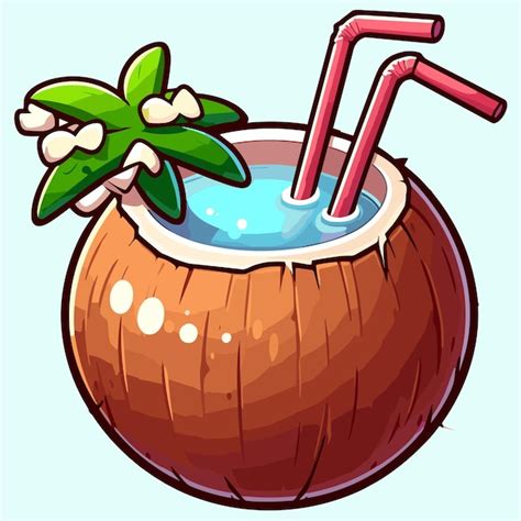 Premium Vector Coconut With Two Straws And An Umbrella On A Beach Vector