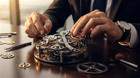 Watchmaker Meticulously Assembling A Complex Watch Movement Stock