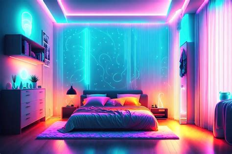 Premium Ai Image Modern Bedroom Interior With Neon Lights Glowing