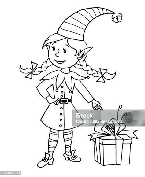 귀여운 작은 크리스마스 엘프 소녀 벡터 핸드 그린 윤곽선 만화 문자 새해 와 Xmas 디자인 인사말 카드 달력 인쇄 어린이 색칠 공부에 대한 간단한 그림 12월에 대한 스톡