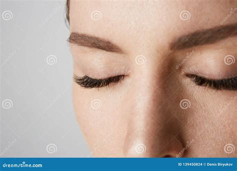 Close Up Portrait Beauty Women With Big Closed Eyes And Dark Eyebrows