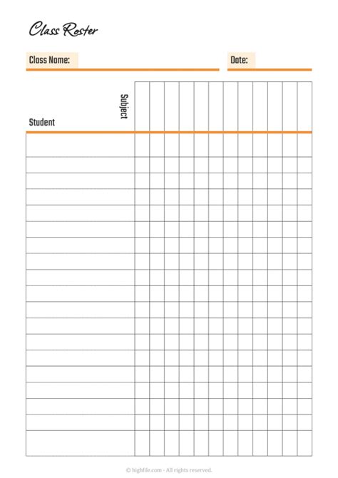 Blank Class Roster Template Word Pdf Highfile