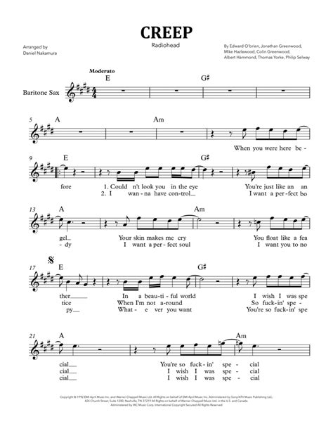 Creep By Radiohead Baritone Saxophone Saxophone Solo Digital Sheet