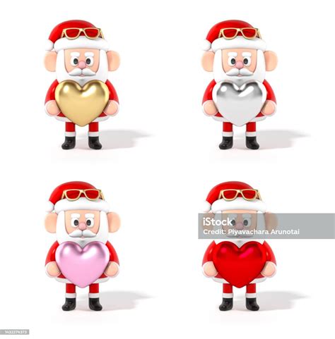 산타 클로스 3d 만화 캐릭터가 흰색 배경 3d 렌더링에 황금색 은색 빨간색 및 분홍색 하트를 들고 있습니다 3d 일러스트 레이 션 축하 크리스마스와 귀여운 새해 축제