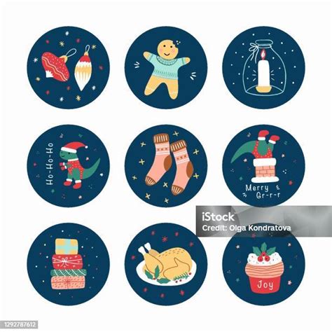 라운드 크리스마스 스티커 세트 겨울 휴일 선물 장식크리스마스 라벨과 스티커 레이블 Xmas 벡터 일러스트레이션 12월에 대한