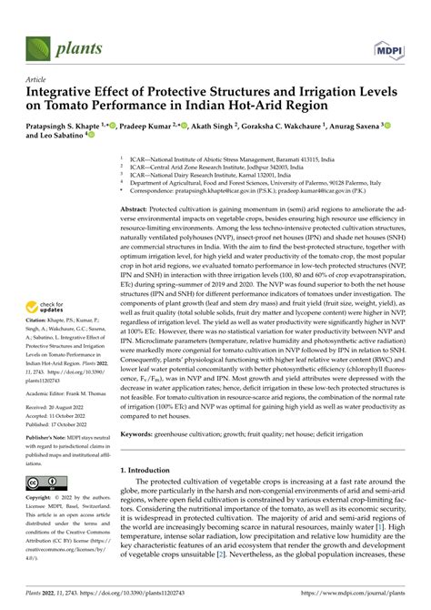 Pdf Integrative Effect Of Protective Structures And Irrigation Levels On Tomato Performance In